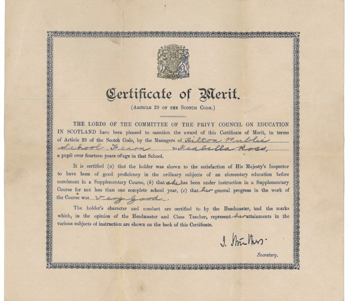 Isabella Ross school merit certificate | Seaboard History Balintore ...